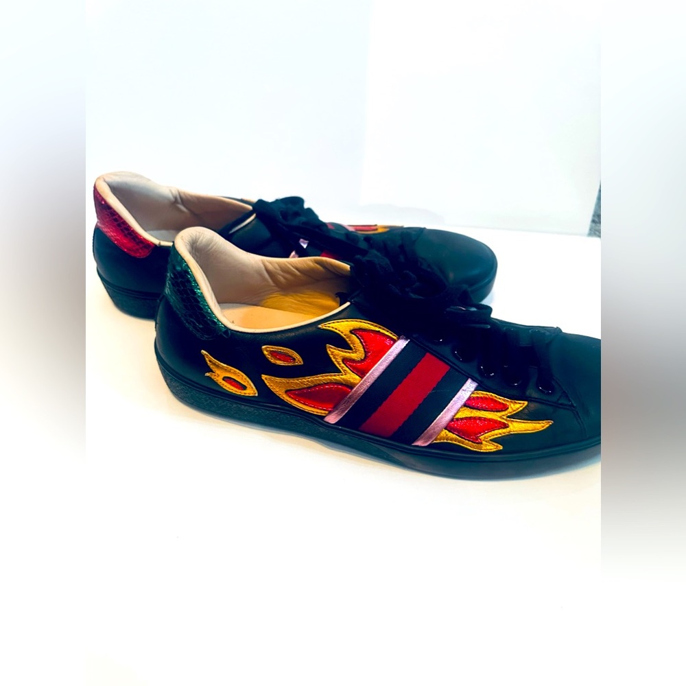 Gucci Ace Flame Black Leather Shoes Trainers Sneakers… - Gem